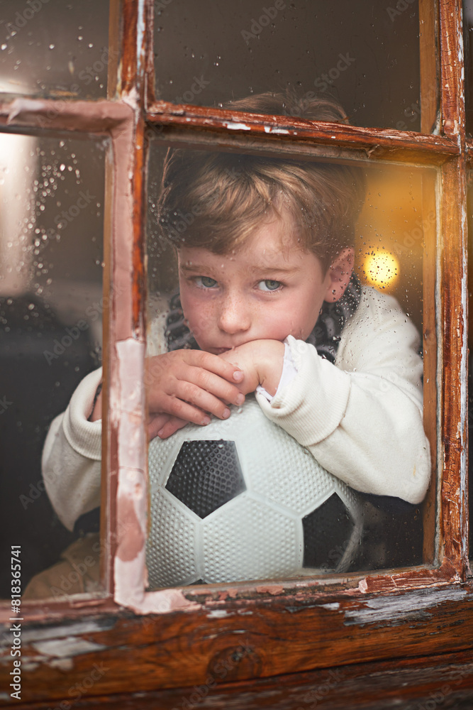Thinking, depressed and sad child by window with anxiety for bullying ...