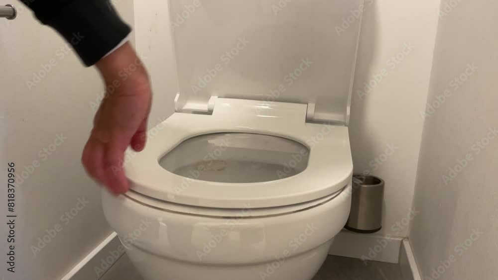 Unrecognisable woman opening plastic white toilet lid. Female hand is ...