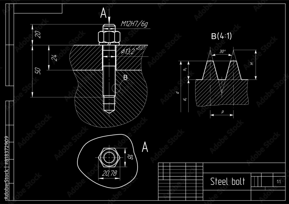Vector engineering cad drawing of mechanical part (steel bolt) with ...