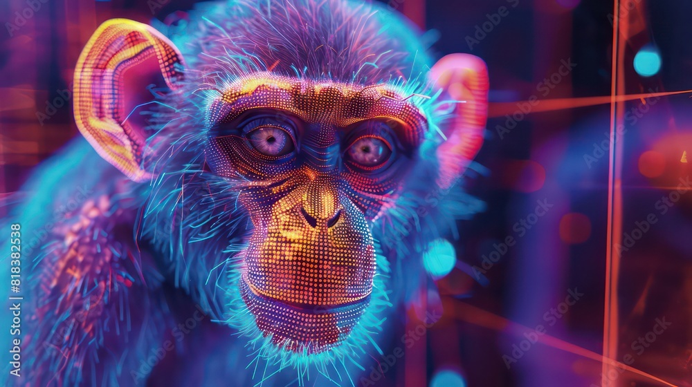 Glowing digital monkey in a futuristic wireframe visualization Stock ...