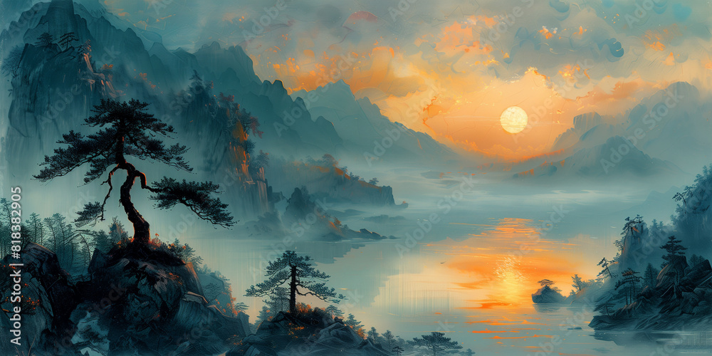 Traditional eastern art. Ink painting. Zen. ancient scroll. Fantasy ...