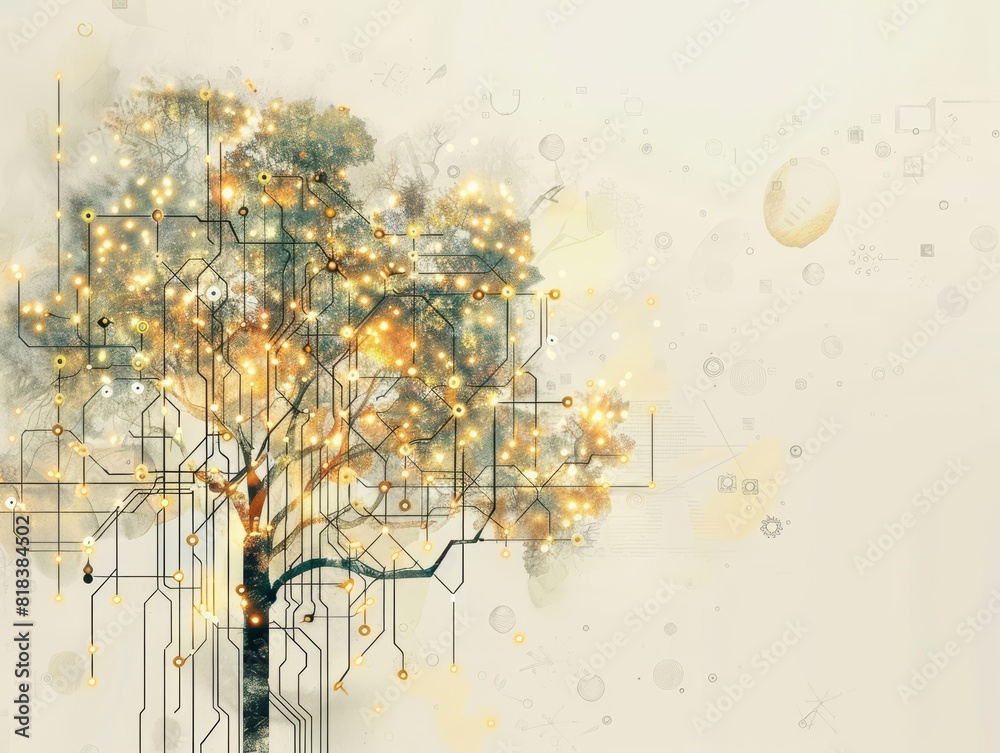 A watercolor clipart of a tree made of glowing circuit lines and nodes ...