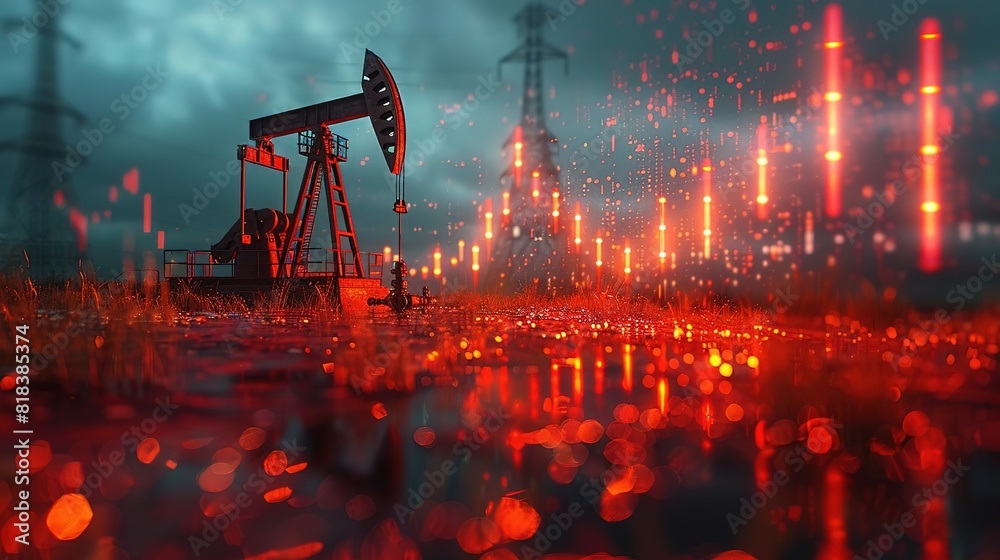 Oil rig at night with a starry sky and a bright orange moon. The oil ...
