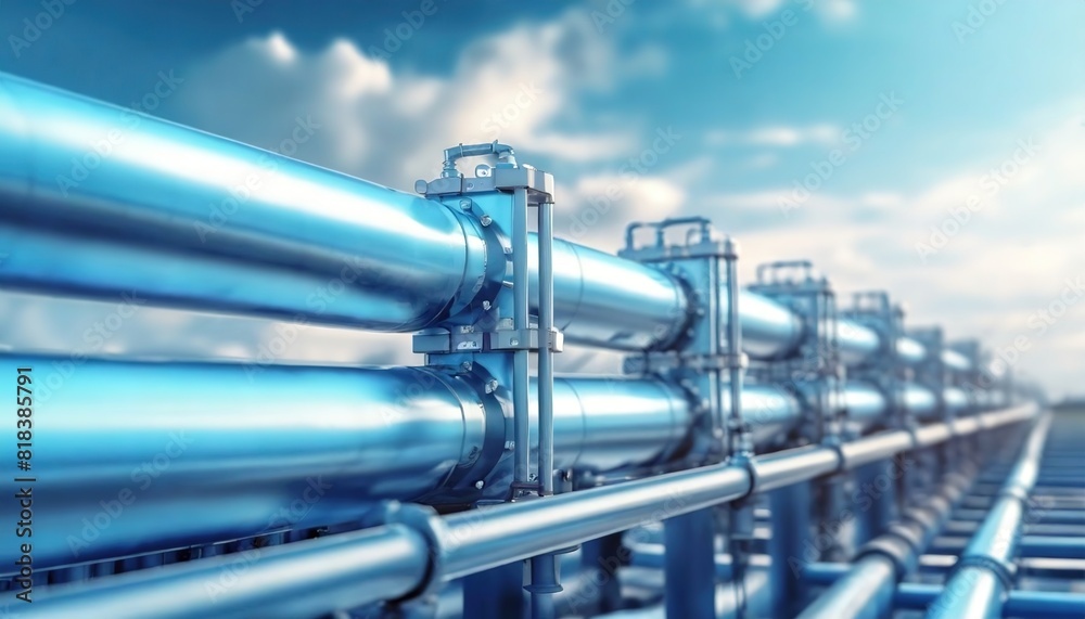A close-up view of industrial metal pipelines extending into the ...
