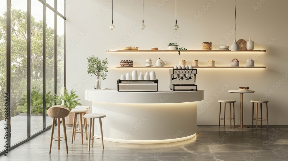 Small modern Korean style design cafe, glossy ivory white round corner ...