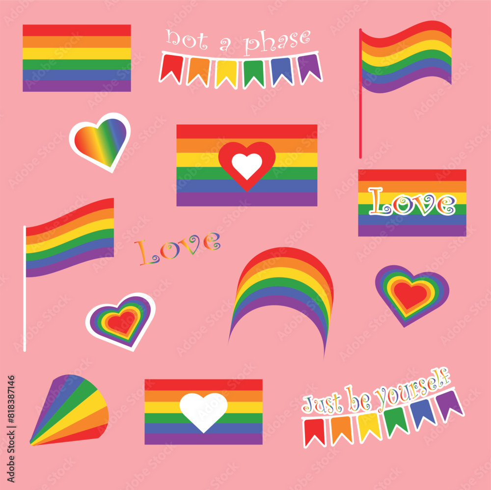 Vector set of LGBT community symbols with rainbow flag colored elements ...