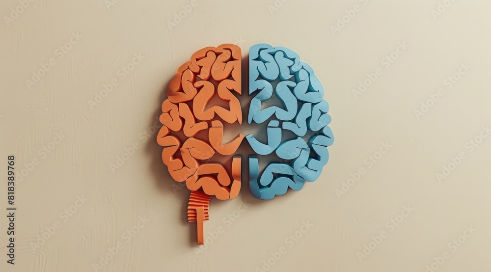 Paper cutout of the left and right half brain on a beige background ...