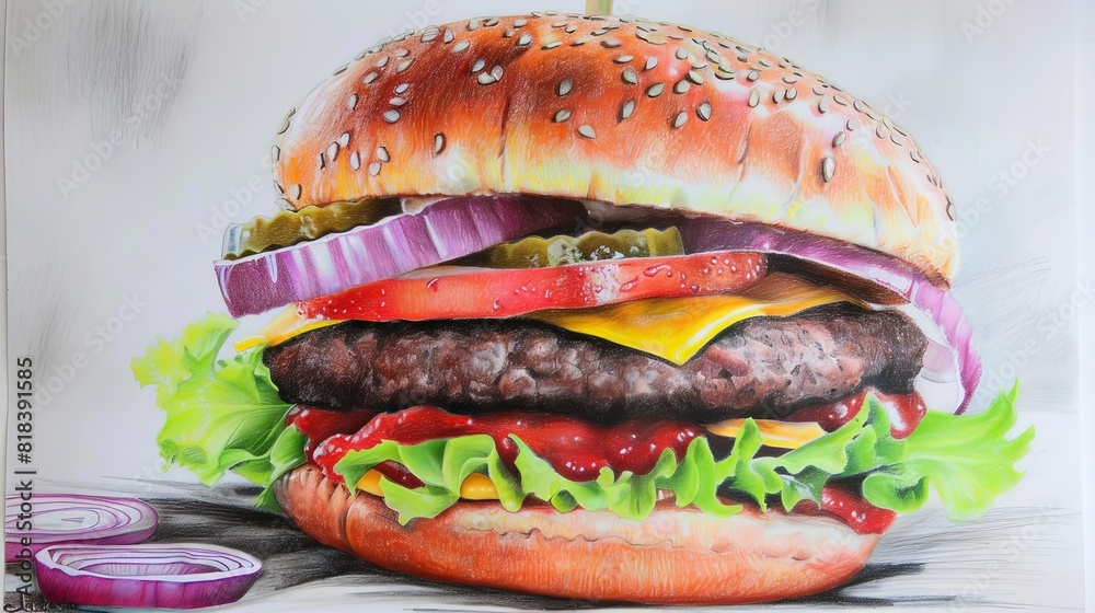 pencil drawing, vibrant colors, a hamburger with onions, tomato ...