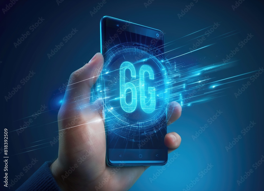 hand holding a smartphone with a holographic showing the numbers "6G ...