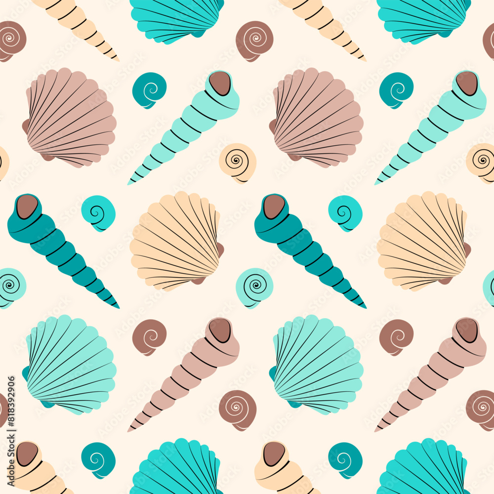 Sea shells seamless pattern on light background in simple flat style ...