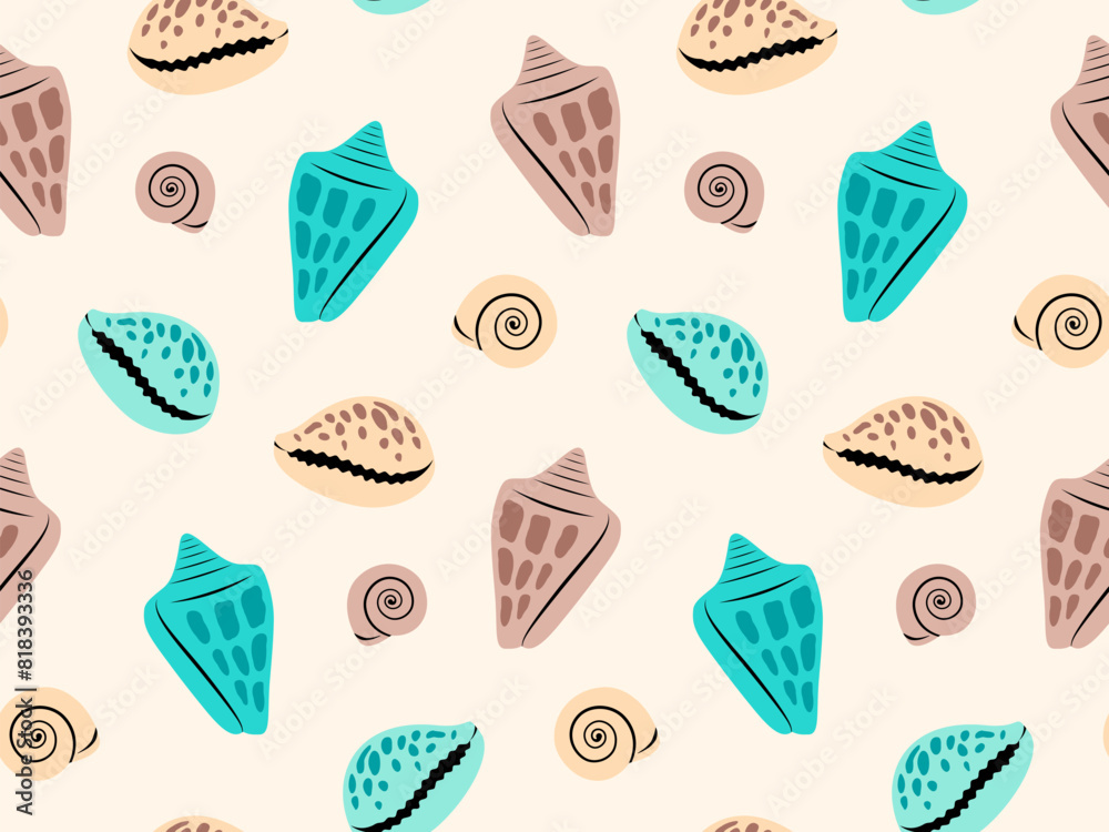 Seashells seamless pattern on light background in simple flat style ...