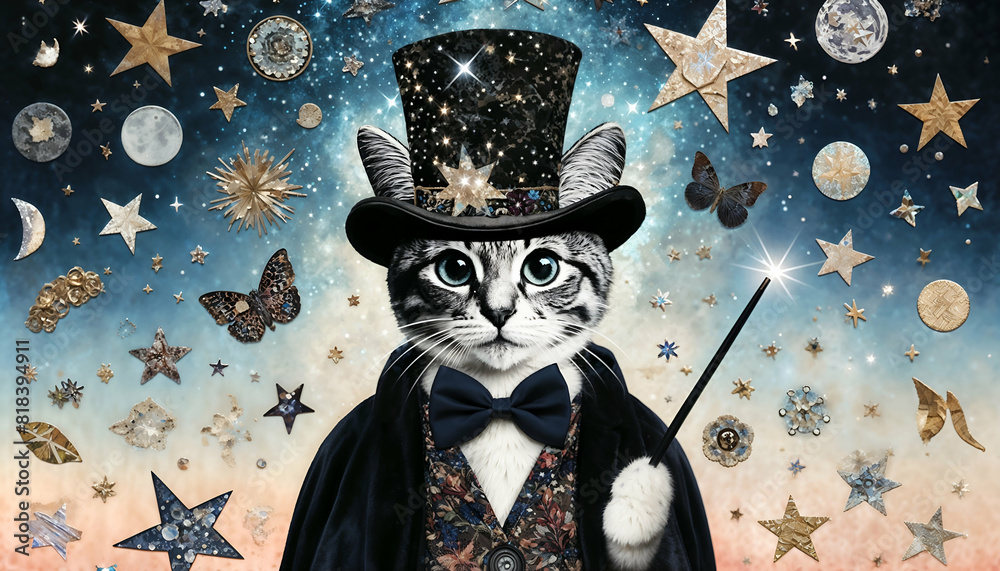 Enchanting Cat Magician Collage with Top Hat, Wand, Starry Night ...