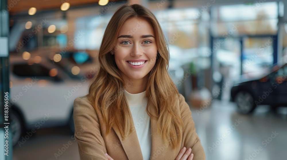 Smiling Luxury Car Saleswoman in Auto Dealership Office - Professional ...