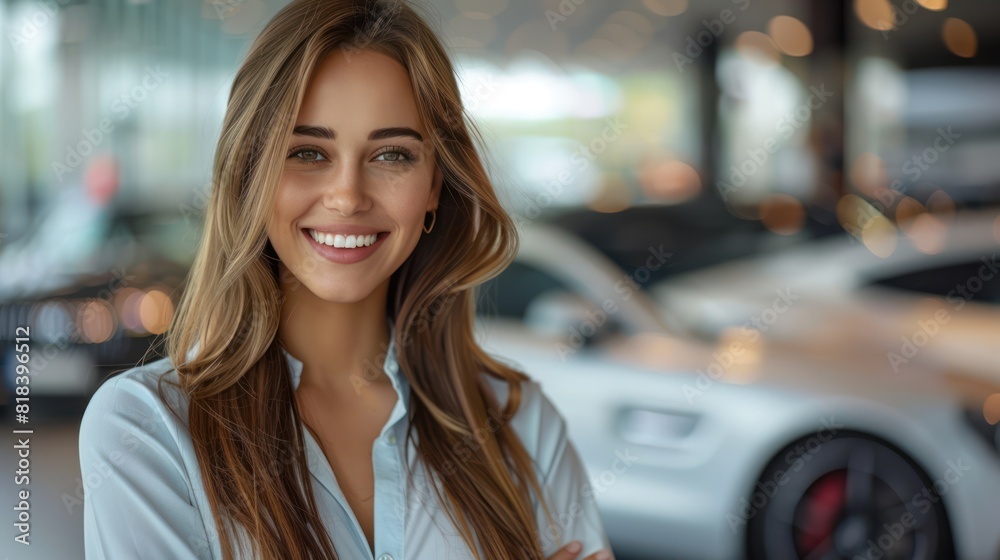 Smiling Luxury Car Saleswoman in Auto Dealership Office - Professional ...