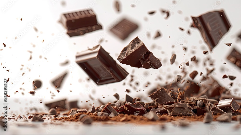 A chocolate bar is being smashed into pieces, creating a mess of ...