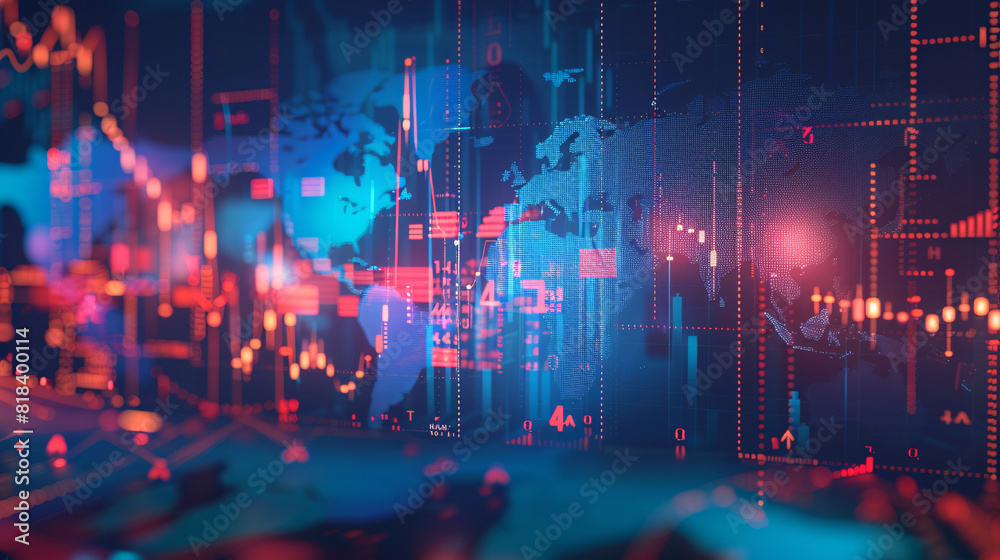A global stock market concept with a world map in the background and digital financial graphs ...