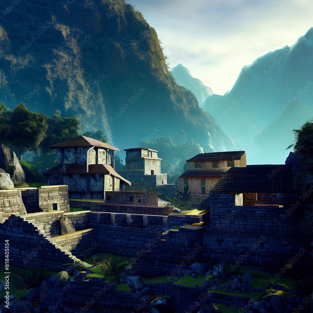 Inca city ruins in mountains, old stone temples and houses in jungle ...