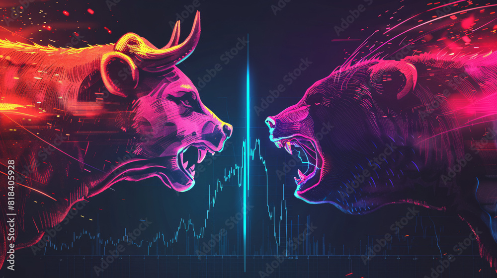 A digital illustration of a bull and a bear facing each other ...
