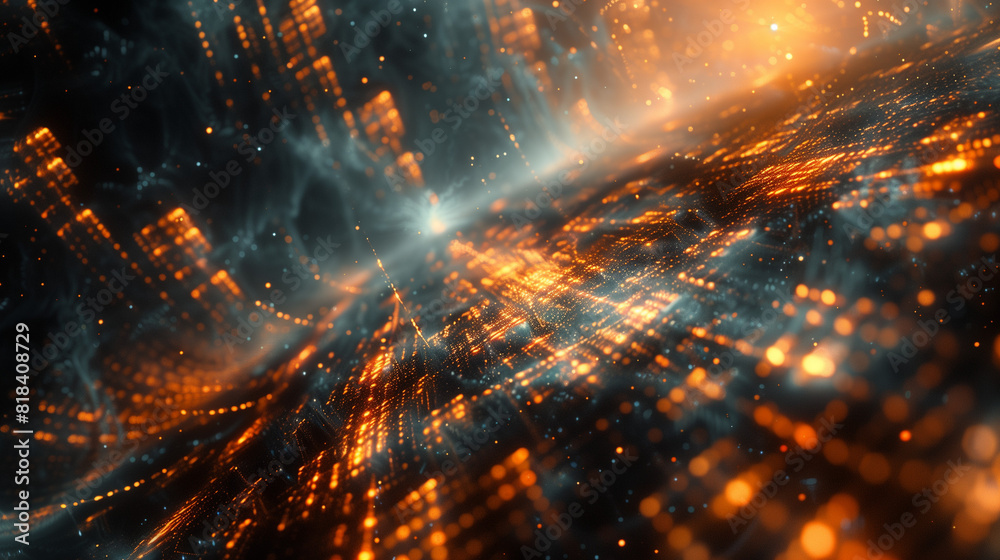 Abstract digital background with glowing orange and blue lights, space ...