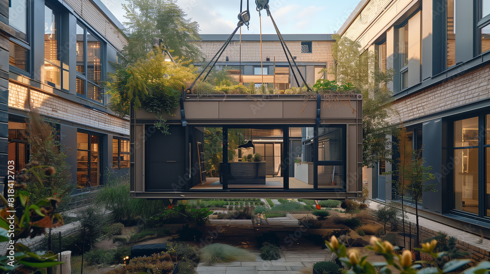 modular house was lifted by a moving crane,In the middle of a large ...