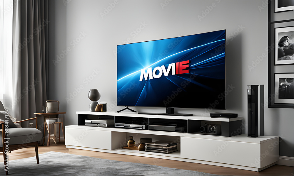 A flat-screen TV set with the Movie logo displayed as an animation ...