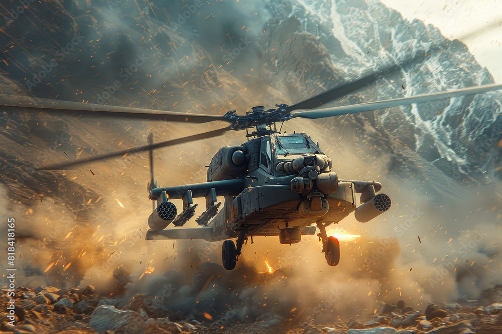Rapid-response attack helicopter swooping low over rugged terrain, its ...