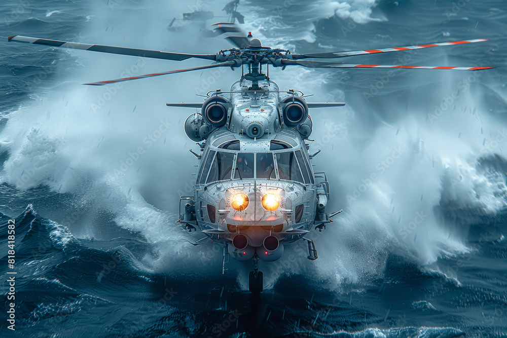 Anti-submarine warfare helicopter scanning the ocean surface with sonar ...