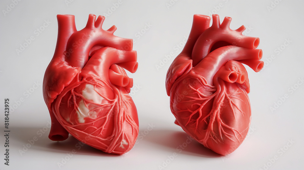 Two detailed, realistic heart models are displayed side by side against ...