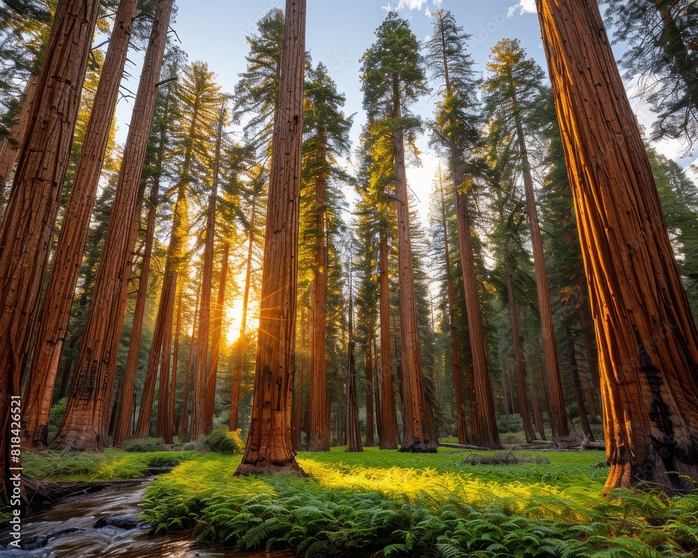 Majestic view of sunlight streaming through towering redwood trees in a ...