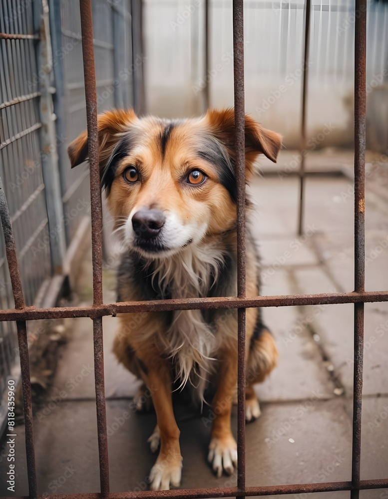 Stray homeless dog in animal shelter cage. Sad abandoned hungry dog ...