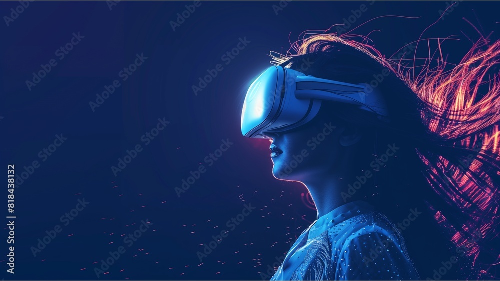 Beautiful woman with flowing hair in futuristic dress over dark ...