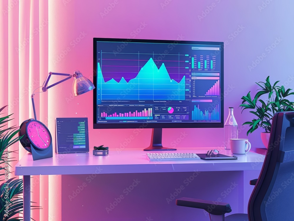 A blank podium showcasing a sophisticated desk setup with a computer ...