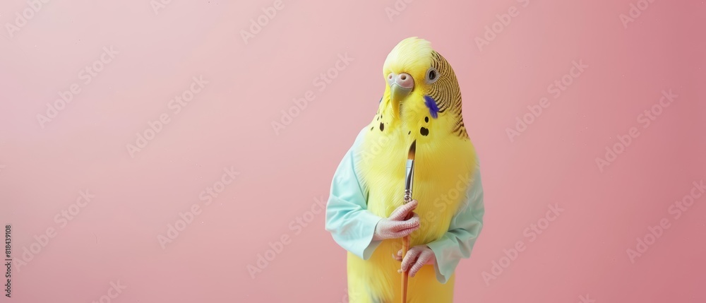 A budgie wearing a miniature artists smock and holding a tiny ...