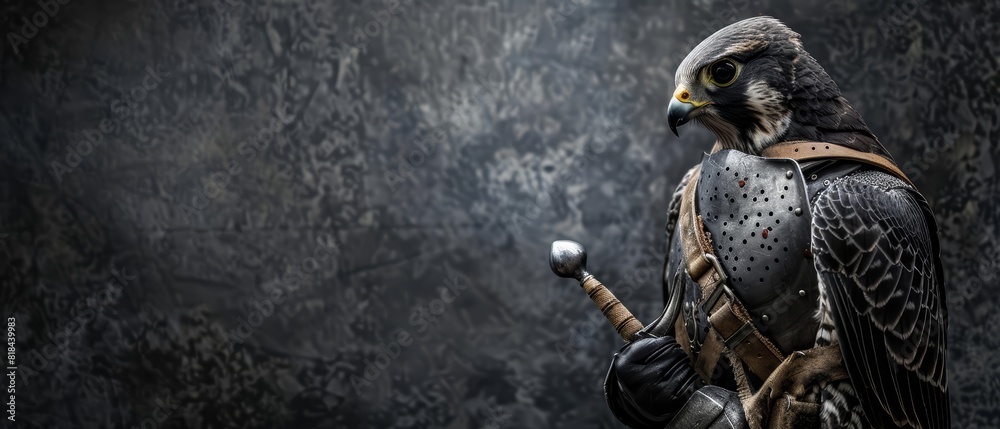 A falcon in a medieval knights armor, holding a tiny sword in front of ...
