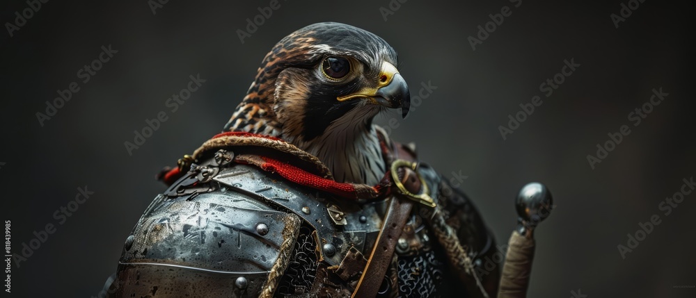 A falcon in a medieval knights armor, holding a tiny sword in front of ...