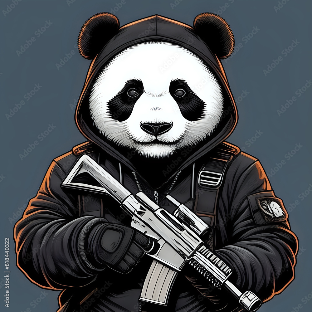 Panda wearing ski mask, posing with gun, wearing chains like a gangster ...