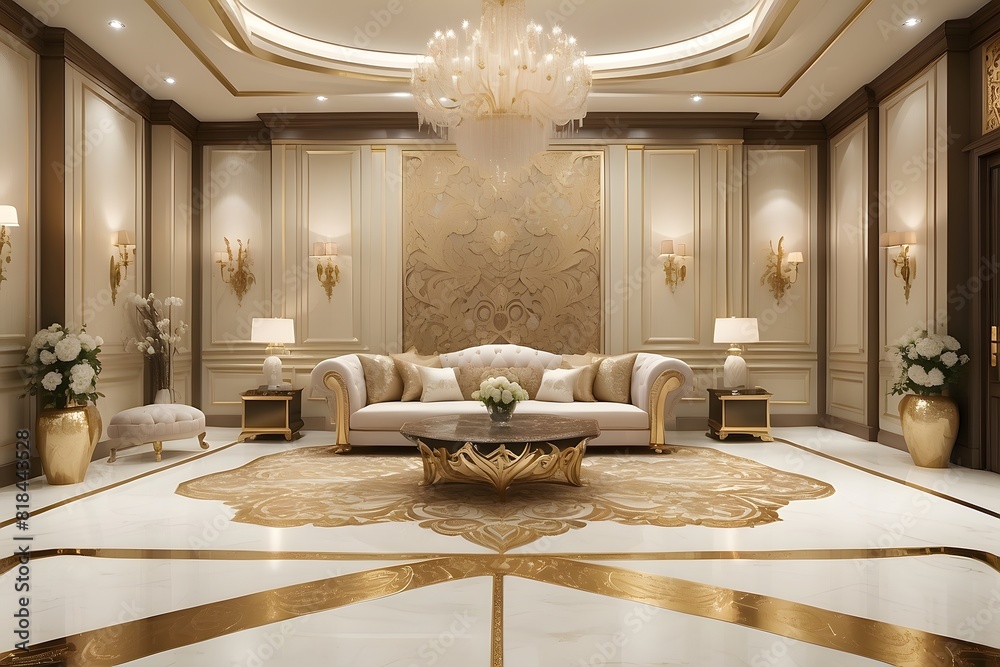 Royal luxury living room interior design, modern beige and golden ...