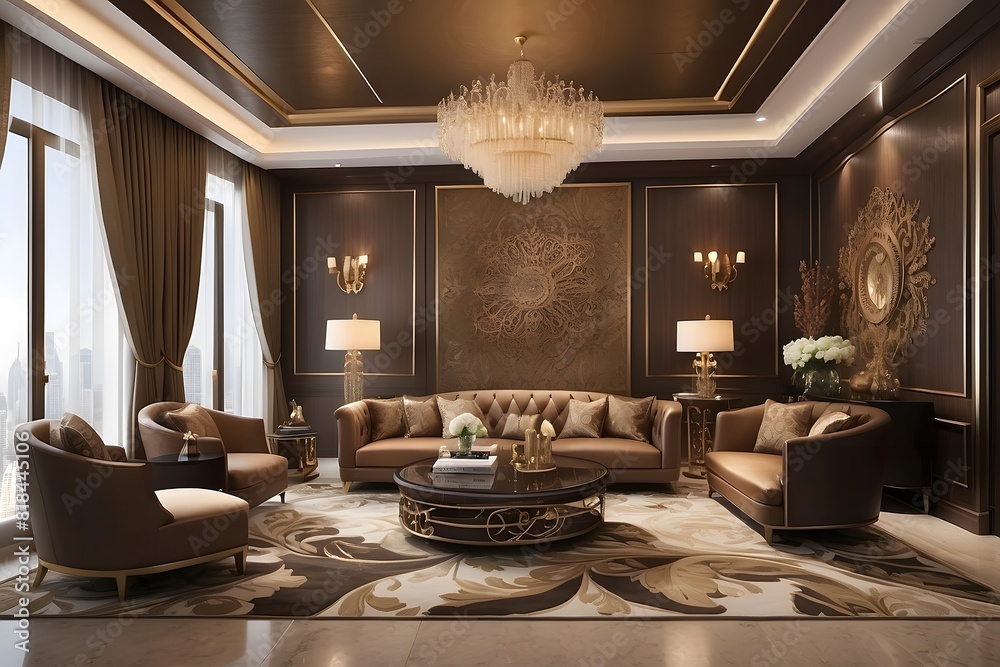 Royal luxury living room interior design, modern brown and golden ...