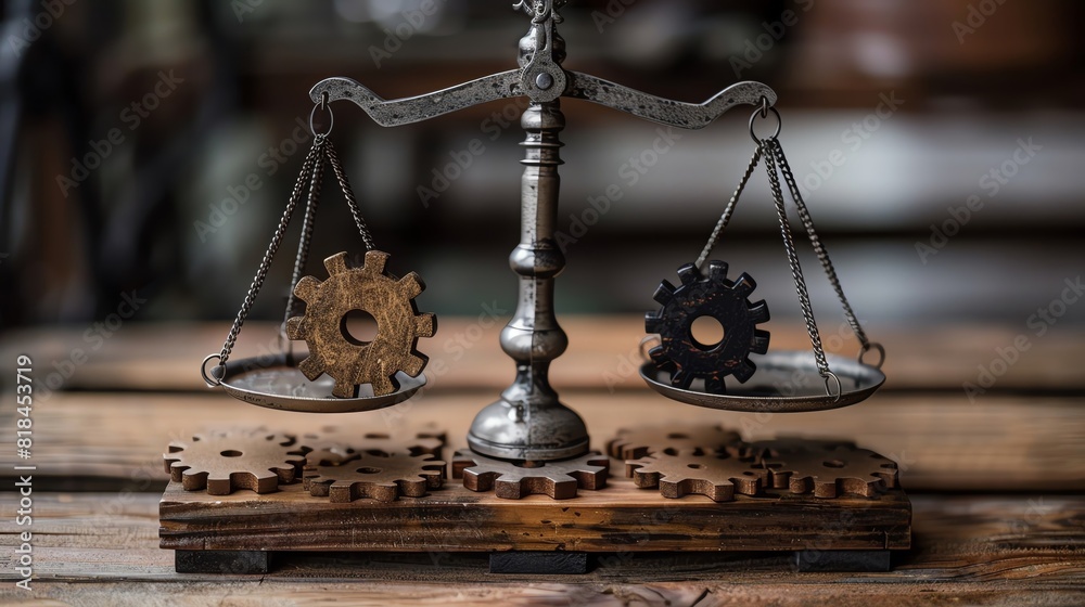 Balance Scales with Gears A set of balance scales holds gears on one ...