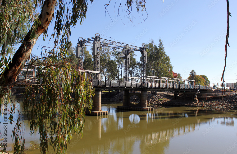 The Koondrook-Barham Bridge crossing the Murray River with a eucalyptus ...