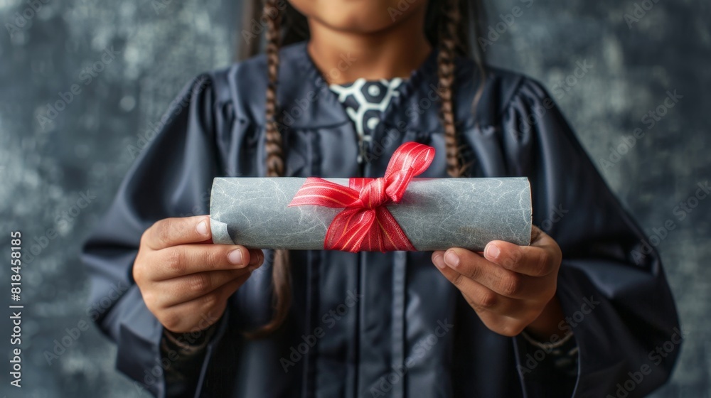 Faceless child in a graduation gown holding a rolled-up diploma tied ...