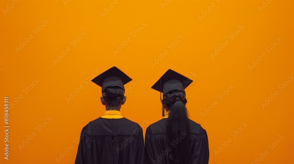 Faceless children in graduation caps standing with their backs to the ...
