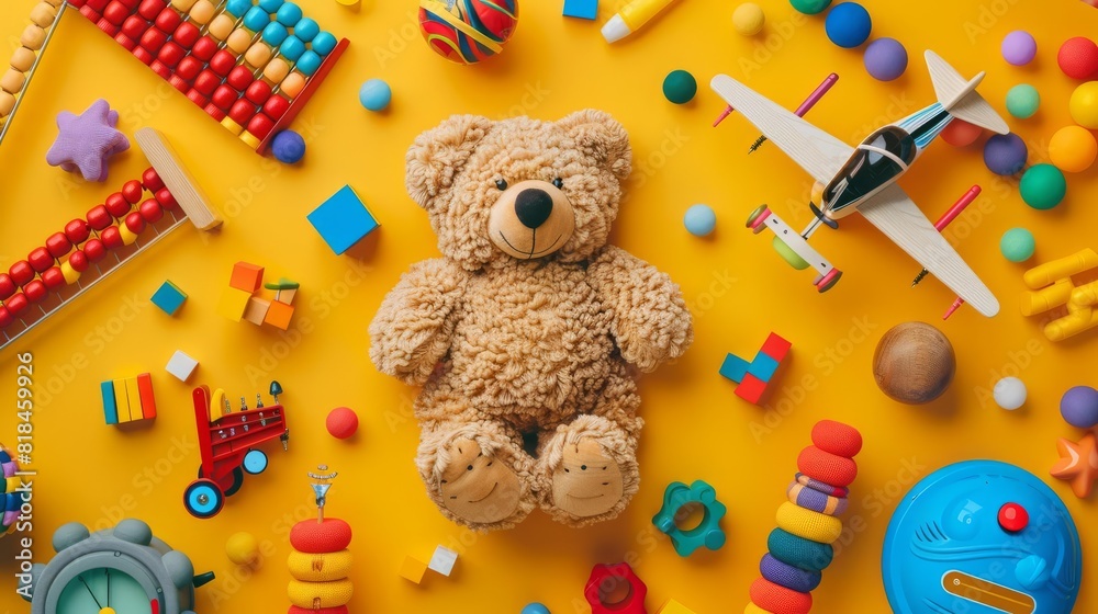 baby toy background with teddy bear wooden and musical toys abacus ...