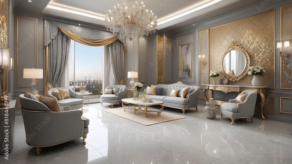 Royal luxury living room interior design, modern silver and golden ...