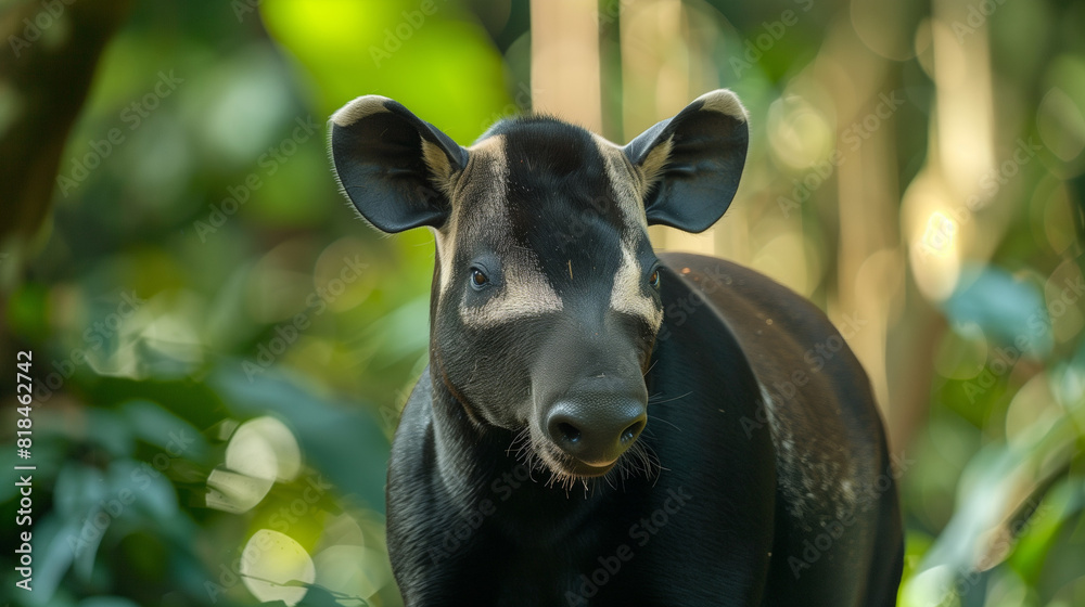 The Malayan tapir is seen standing gracefully, the details of its shiny ...