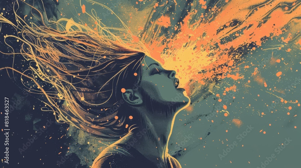 explosive inspiration woman with bursting ideas in her mind concept ...