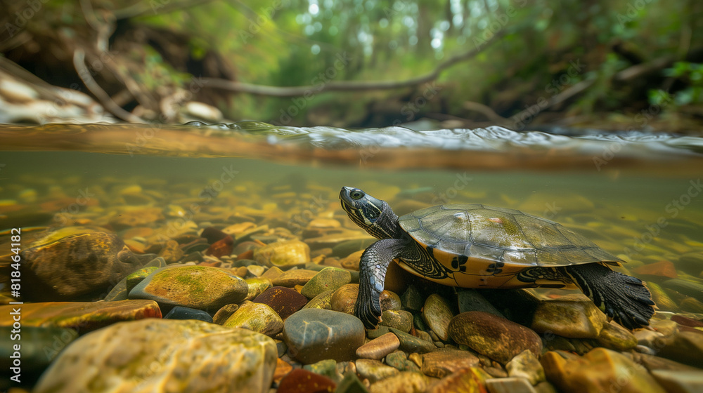 A Flatback Turtle is in the river, the details of its unique flat shell ...