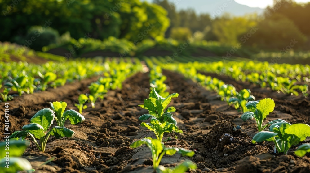 A serene outdoor scene with rows of thriving, newly planted crops in a ...
