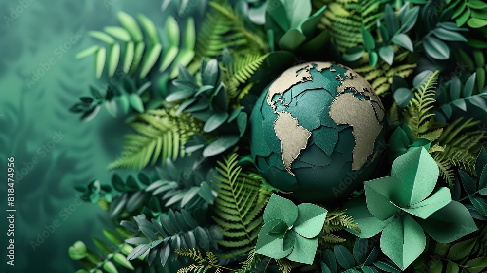 paper earth globe surrounded by green foliage symbol of environmental ...