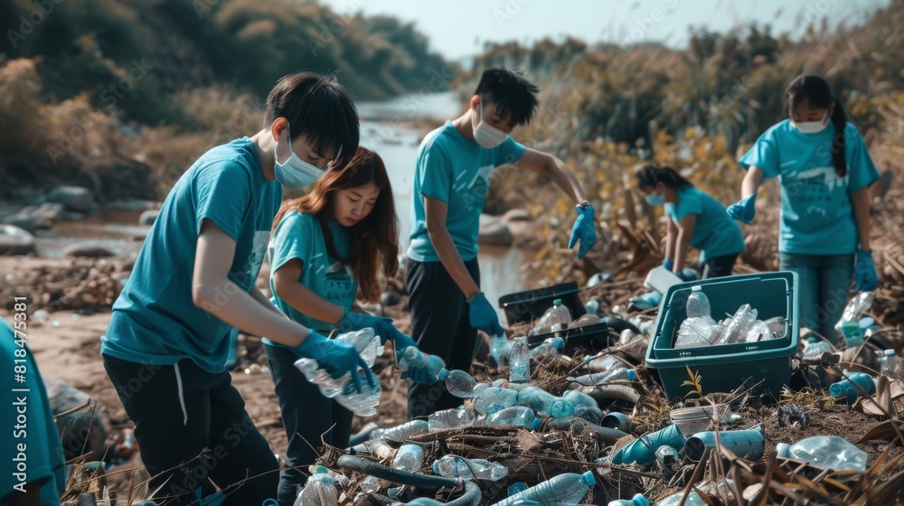Volunteers wearing blue shirts and face masks, cleaning up plastic ...